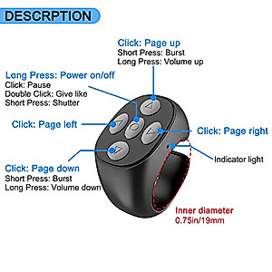 Bluetooths Remote Control Scrolling Ring for Tiktok Page Turner, Wireless Camera Shutter Selfie Button for iPhone Android iPad Cell Phone Remote Clicker Kindle App, Simulate Mouse Operation - Black