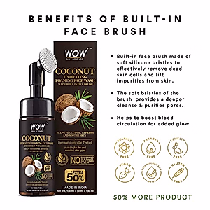 WOW Skin Science Coconut Hydrating Foaming Face Wash Cleaner with Brush- Free from Parabens, Silicones, Mineral Oil & Synthetic Fragrance - 150ml