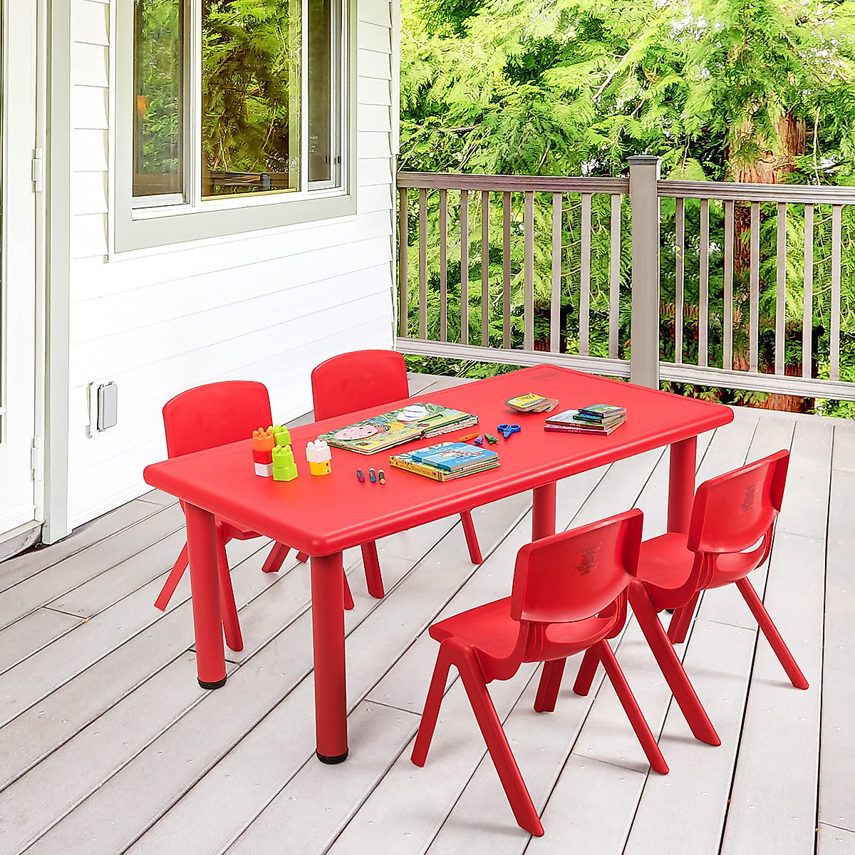 HONEY JOY Kids Table and 4 Chair Set, 48 x 24 Inch Children Rectangular Study Table with Stackable Seats, 4 Pcs Plastic Activity Toddler Furniture Set for Playroom Daycare, Gift for Boys Girls (Red)