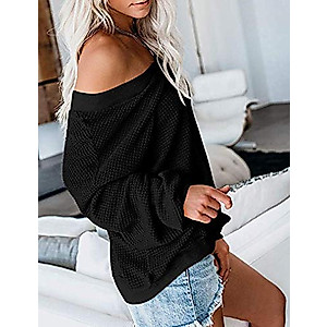 Tobrief Women's V Neck Long Sleeve Waffle Knit Tops Off Shoulder Oversized Pullover Sweater A-Black