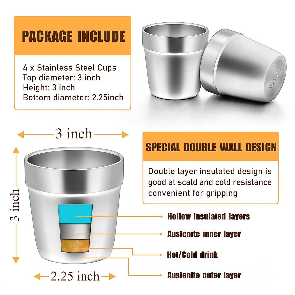 HaWare Metal Cups for Toddlers Kids, 6 Ounce Stainless Steel Double Wall Insulated Tumblers, Espresso Cups Mugs, Stackable Drinking Glasses for Party Camping Outdoor, Dishwasher Safe - 4 Packs