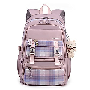 Aesthetic Backpack for School, Cute Girls Preppy Book Bag, Kawaii Large Capacity Middle School Plaid Backpack for Teenagers (Purple)