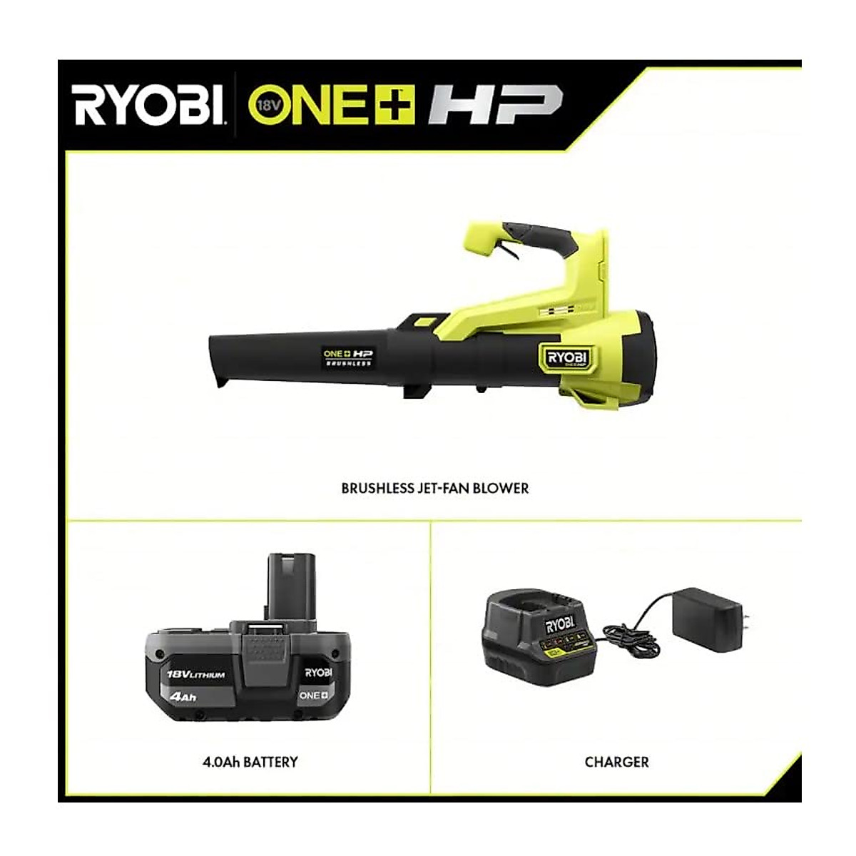 RYOBI (RY40460) 350 CFM 18V Cordless Jet Fan Blower, 4.0 Ah Battery and Charger