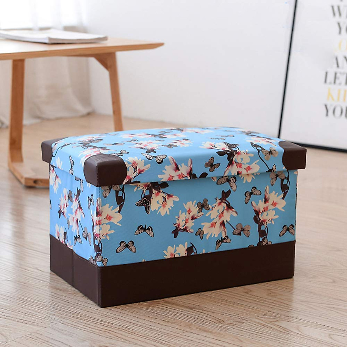 DANADESK Foldable Rectangular Storage Ottoman Footstool, Leather Shoes Bench Storage Bench Chest with Memory Foam seat Footrest Stool -Blue M