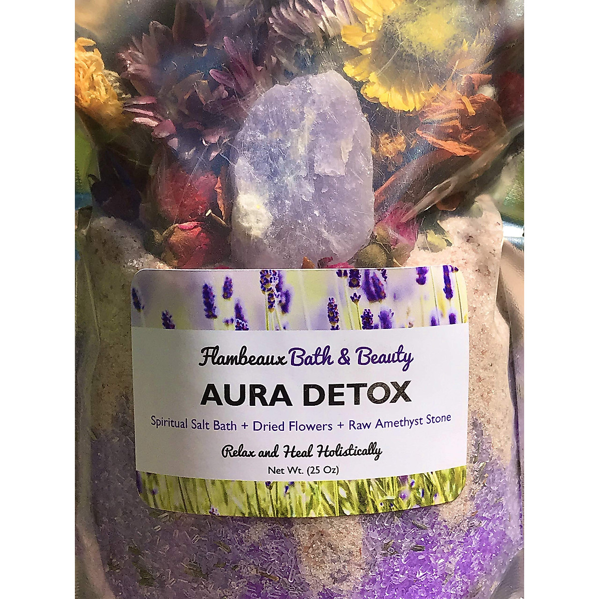 Flambeaux Bath & Beauty | Detoxifying Spiritual Salt Bath | Epsom Salt Detox Bath | Easy Press Lock Seal | Dried Flowers | Raw Amethyst Stone