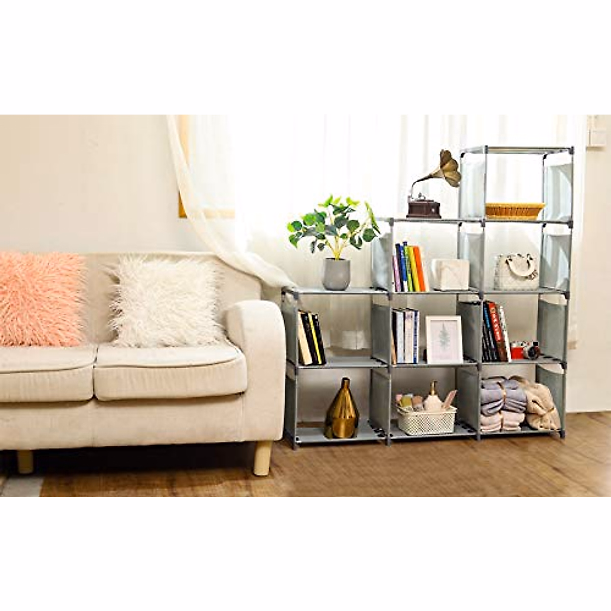 YCOCO 9 Cubes Bookshelf Office Storage Shelf Plastic Storage Cabinet,Multifunctional Non Woven Storage Rack,Grey