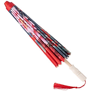 Hand Made Japanese Oriental Parasol Dancing Umbrella 22 inch with Hand held Silk Folding Fans for Kids(Red)