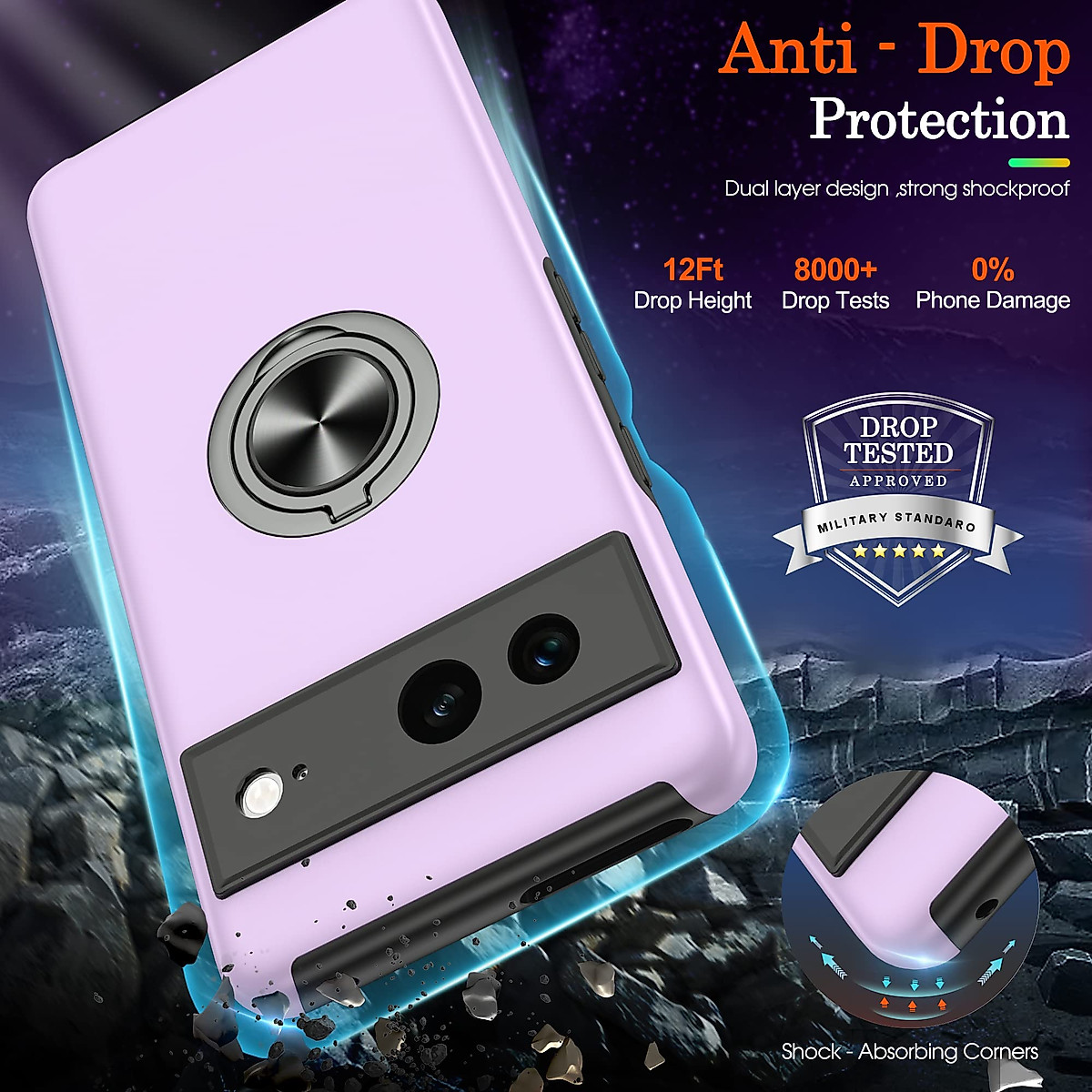 Gritup Pixel 7 Case, Google Pixel 7 Case with HD Screen Protector, Shockproof Google Pixel 7 Phone Case with 360° Magnetic Ring Holder Kickstand Phone Case for Google Pixel 7 Purple