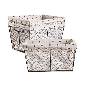 Motifeur Metal Farmhouse Storage Baskets With Removable Liner (Set of 3, White with Floral Pattern) (Small-3 Pack)
