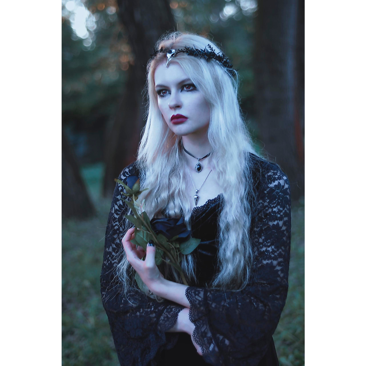 MOSTORY Black Elf Flower Crown - Gothic Raven Skull Headpiece Witch Headband Dark Fairy Circlet for Witch Aesthetic Halloween Cosplay Renaissance Accessory Women Goth Wedding Photo Shoot