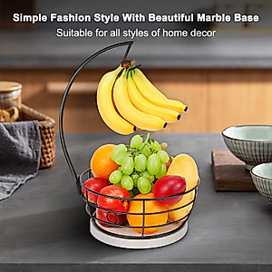 Livabber Countertop Fruit Basket Bowl with Banana Hanger, Modern Standing Fruit Vegetable Bowl Storage, with Banana Tree Holder for Kitchen Dinning Table (Round Marble, Black)