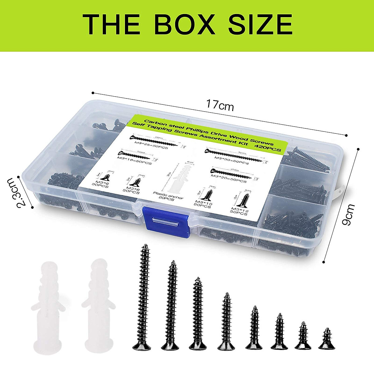 M3 Flat Head Wood Screws Assortment Fasteners Kit 420pcs,Phillips Drive Countersunk Head Self-Tapping Screws,Carbon Steel,Contains 20pcs M6 Screw Anchors