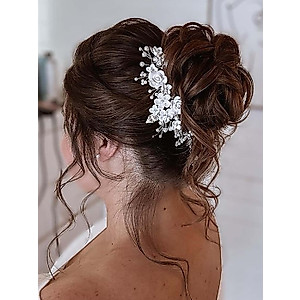 Unicra Flower Bride Wedding Hair Vine Pearl Bridal Hair Piece Leaf Hair Accessories Rhinestone Headband for Women and Girls (9inches) (Silver)