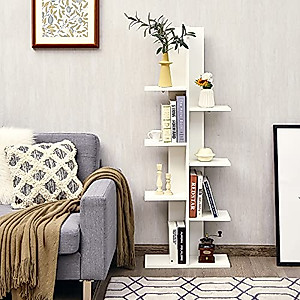 Tangkula 8 Shelf Bookshelf, Wooden Tree Bookcase with 8 Book Shelf, 20”L x 8”W x 55.5”H, Freestanding 8 Tier Storage Display Shelf with Anti-toppling, Corner Shelf for Living Room Home Office (White)