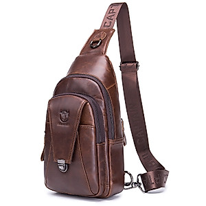 BULLCAPTAIN Genuine Leather Men Sling Crossbody Bag Backpack Outdoor Hiking Travel Chest Bag Daypack (Brown)