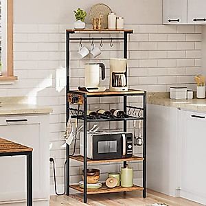 HOOBRO Bakers Rack with Power Outlet, 4-Tier Microwave Stand with Adjustable Wine Rack, Coffee Bar with 10 S-Shaped Hooks, for Kitchen, Living Room, Dinning Room, Rustic Brown BF60UHB01