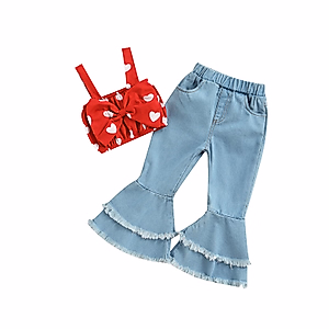 Eadrioss 2PCS Kids Toddler Baby Girls Valentine’s Day Outfits Sleeveless Strap Vest Crop Top Flare Jeans Bell Bottom Pants 18M-6T