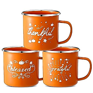 Uiifan 3 Pcs Fall Autumn Coffee Mugs 16 oz Enamel Pumpkin Mugs Cups Campfire Style Fall Mugs Grateful Thankful Tea Latte Mug for Thanksgiving Halloween Holiday Daily Supplies
