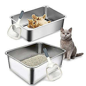 BNOSDM 2 Pack Stainless Steel Litter Box Smooth Litter Pan for Cats and Rabbits Metal Cat Litter Box High Sided, Non Stick, Easy to Clean, 17.7" L X 13.8" W X 5.9" H