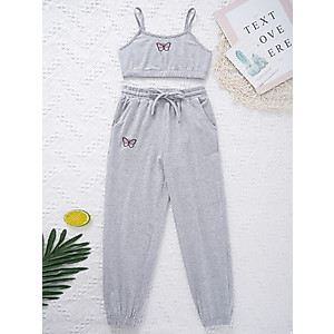 Moggemol Girls 2 Piece Dance Sports Outfits Butterfly Print Cami Crop Tops and Sweatpants Tracksuit Jogger Set Grey 10 Years