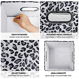 ANMINY 4PCS Storage Cube Set Leopard Print Velvet Fabric Storage Bins Boxes Baskets with Handles PP Plastic Board Foldable Closet Shelf Organizer Container for Home Office - Black White, 11"x 11"x 11"