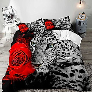 VIVIHOME 3PCS Leopard Duvet Cover, King Duvet Cover, Romantic Red Rose Bedding, Black and White Bedding, Floral Duvet Cover, Safari Wild Animal Cheetah Duvet Cover Quilt Comforter Cover, 2 Pillowcases