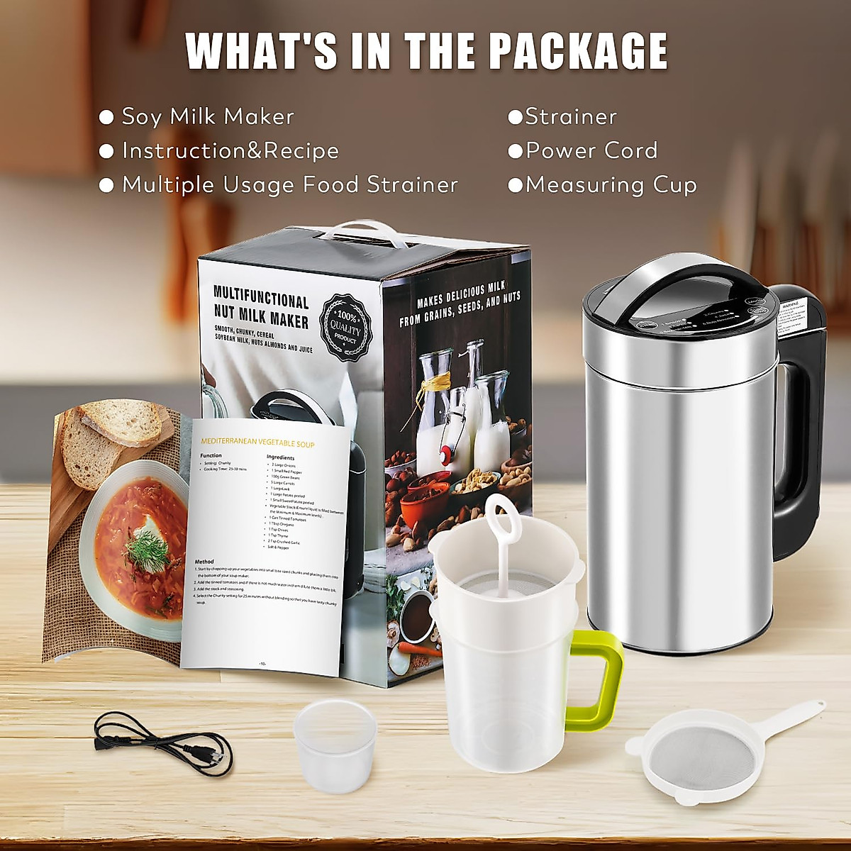 Moongiantgo Nut Milk Maker Machine 1L, 7-In-1 Soy Milk Maker with Recipe, Suitable for Soybean Milk, Almond Milk, Vegan Milk, Oat Milk, Plant Based Milk, Porridge, Paste, Juice, Self-Cleaning, 110V