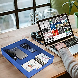 izBuy Letter-Size Tray Desk Letter Tray Paper Tray - Single-Tier (2-Pcs) Stackable Desktop Organizer Front-Load Documents Tray for Office Supplies File, Plastic Letter Tray (White & Blue)