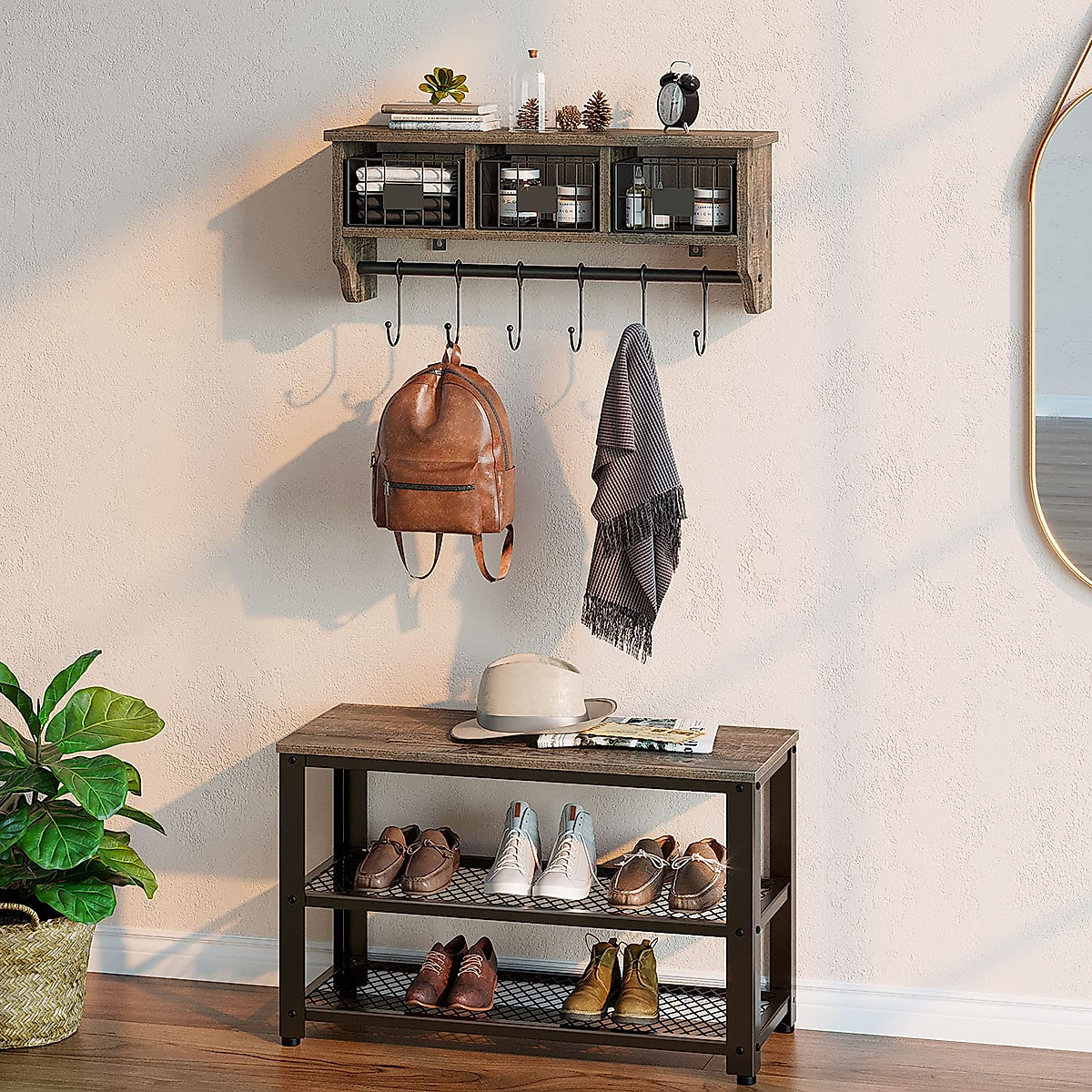 Rolanstar Wall Mounted Shelf with Hooks, Entryway Organizer Shelf with Storage Basket, Wall Mount Coat Rack with 6 Hooks, 24”Coffee Bar Hanging Shelf for Living Room,Bathroom,Kitchen,Grey