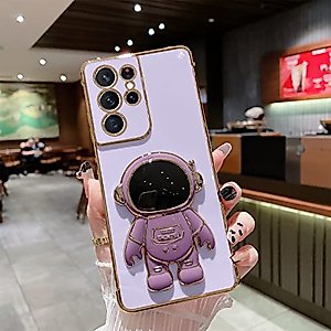 AIGOMARA 6D Plating Astronaut Hidden Stand Case Cover for Samsung Galaxy S21 Ultra 5G Women Astronaut Folding Bracket Kickstand iPhone Case with Camera Protector Soft TPU Shockproof Bumper - Purple