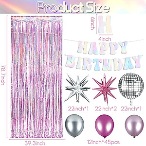 Iridescent Party Decorations Set Pink Disco Holographic Birthday Party Decors Shiny Foil Fringe Curtain Iridescent Banner Balloons for Engagement Wedding Bachelorette Bridal Shower Girl Party Supplies