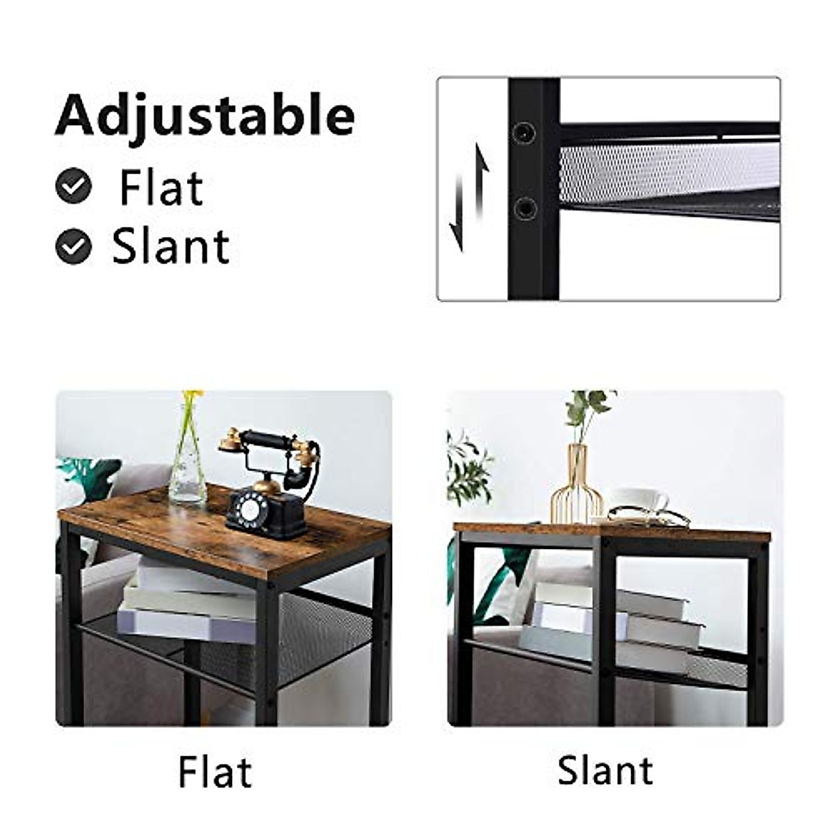 HOOBRO Side Table, Industrial End Telephone Table with Adjustable Mesh Shelves, for Office Hallway or Living Room, Wood Look Accent Furniture, Tall and Narrow, Rustic Brown and Black BF01DH01