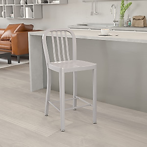 EMMA + OLIVER Commercial Grade 24" H Silver Metal Indoor-Outdoor Counter Stool w/Slat Back