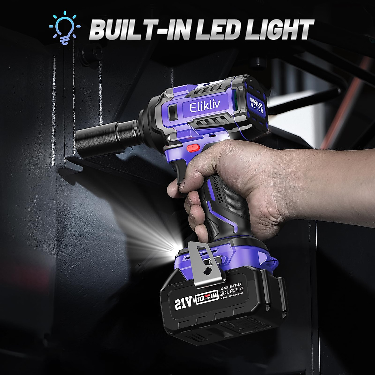 Elikliv Cordless Impact Wrench 1/2 inch, 500Ft-lbs Max Torque(650N.m), 21V 3000 RPM Power Impact Gun with 4 Sockets, 4000mAh Battery with Fast Charger, Electric Impact Driver for Car Truck Tires Home