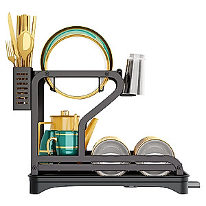 LIMORUNS 2 Tier Dish Rack Dish Drying Rack with Drainboard, Dish Drainer Rack with Utensils, Rustproof Large Black Dish Holders for Kitchen Counter Escurridor De Platos para Fregadero Father's Gift