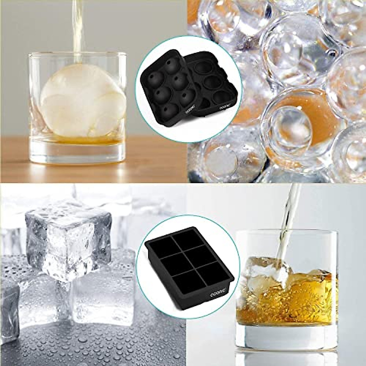 Ice Cube Tray, Large Square Ice Tray and Sphere Ice Ball Maker with Lid for Whiskey, Reusable and BPA Free (Silicone Ice Cube Molds Set of 2)