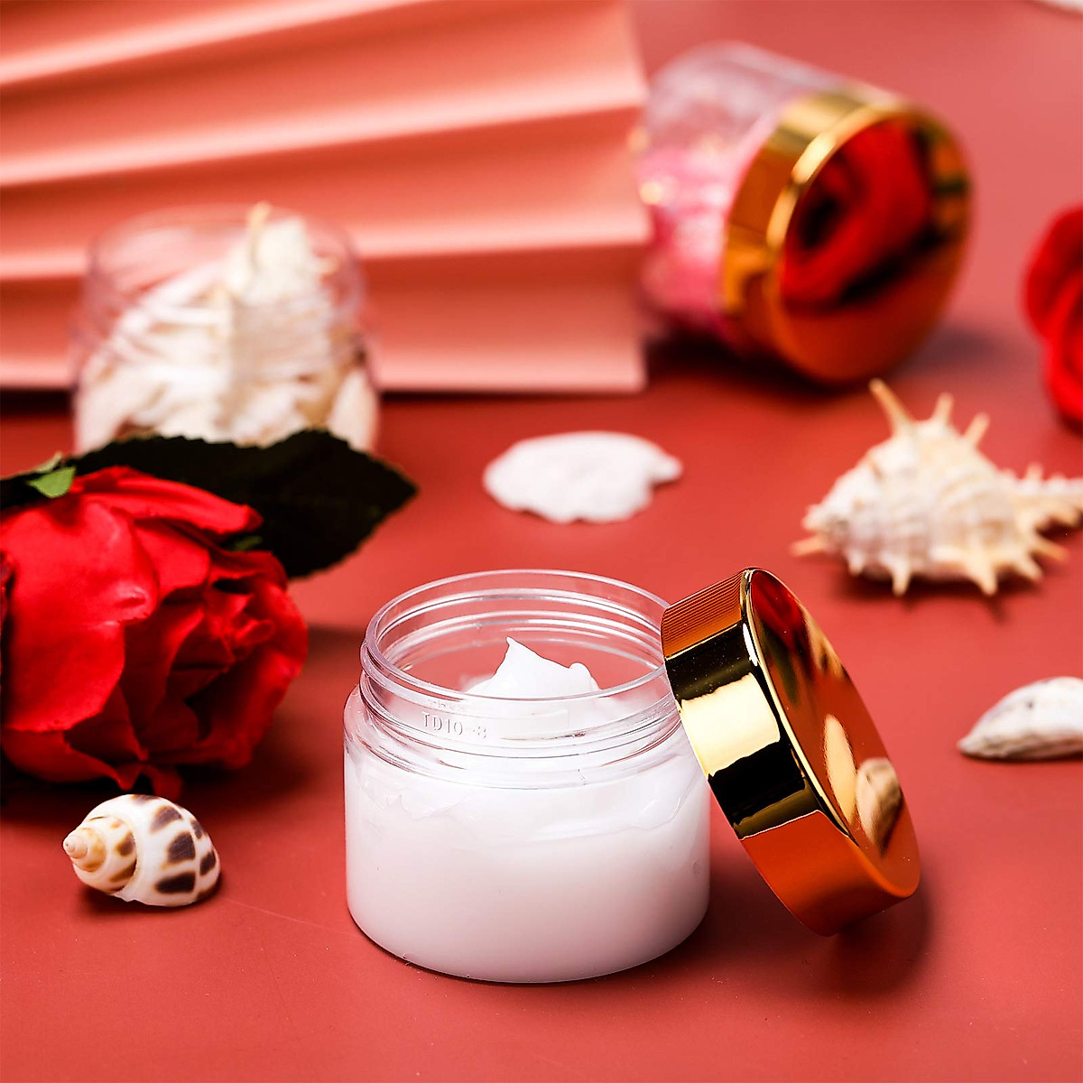 SATINIOR 36 Pieces Plastic Jars with Lids Round Clear Container Leak Proof Airtight Cosmetic Small Empty Jars for Lotions Ointments Travel Toiletries Creams Make up Storage(2 oz,Gold)