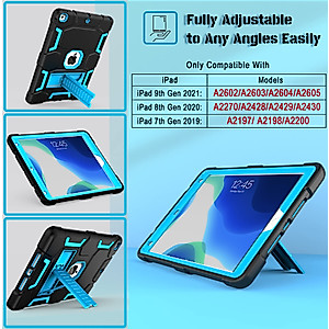 CCMAO iPad 9th Generation Case, iPad 8th/7th Generation Case, iPad 10.2 2021/2020/2019 Case with Kickstand, Heavy Duty Shockproof Hybrid Three Layer Protective Cover for Kids Boys, Black+Sky Blue