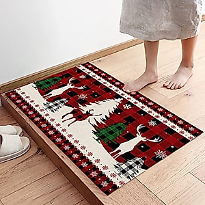 2 Piece Christmas Kitchen Rug Set Christmas Tree Reindeer Indoor Floor Mats for Winter, Xmas Door Mat Runner Rug Carpet Mat for Kitchen Home Decor (15.7"x23.6" + 15.7"x47.2") - Red Black Buffalo Plaid