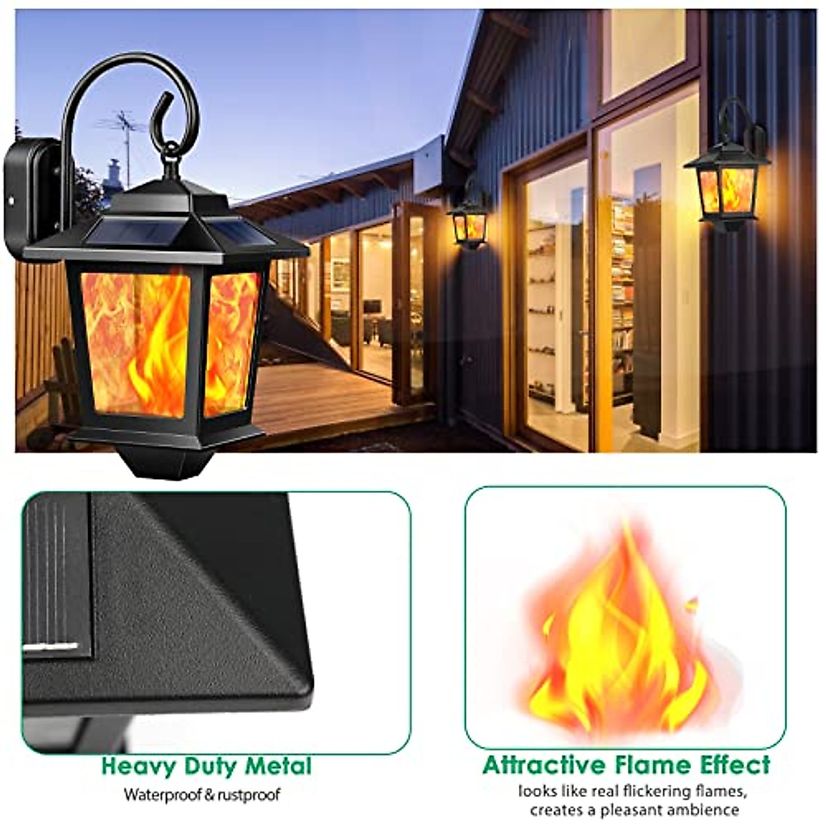 TomCare Solar Lights Outdoor Flickering Flame Metal Solar Lantern Anti-Rust Waterproof Solar Wall Lights Hanging Outdoor Lighting Solar Powered Decorative Flame Lights for Patio Porch Yard, 2 Pack