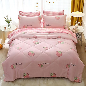 Jameswish 7 Piece Kids Strawberry Comforter Set Twin Size for Girls Teens Bed in A Bag Light Pink Grid Bedding Set with Sheet All Season Lightweight