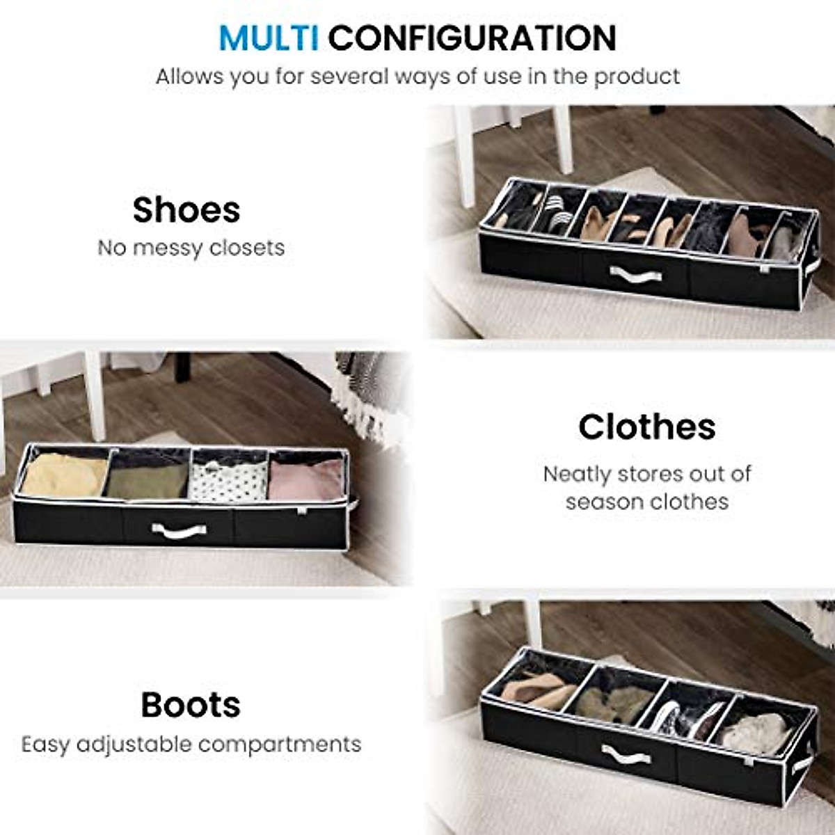 ZOBER Under Bed Shoe Storage Organizer (8 Pairs) Under Bed Storage for Shoes, Customizable Slots for Boots, Clothes Blanket/Comforter Underbed Shoe Storage Containers with Handles (Black)