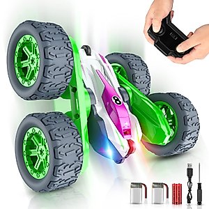 Remote Control Car for Boys 4-7, Rc Cars 2.4GHz 4WD Double Sided 360 Rotating with Sharp Dual-Color Headlights, Rc Stunt Car Birthday Xmas Gift for Boys Girls Kids 3 4 5 6 7 8-12 Years Old-Green