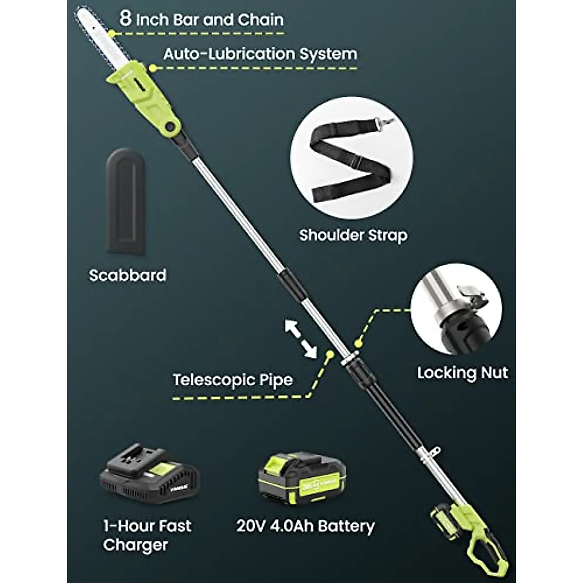 VANQUE 20V Cordless Pole Saw, 15-Foot MAX Reach Pole Saws for Tree Trimming, Battery Pole Saw for Branch Cutting, Trimming, Pruning, Adjustable Head & 8-Inch Bar and Chain, 4.0Ah Li-ion Battery