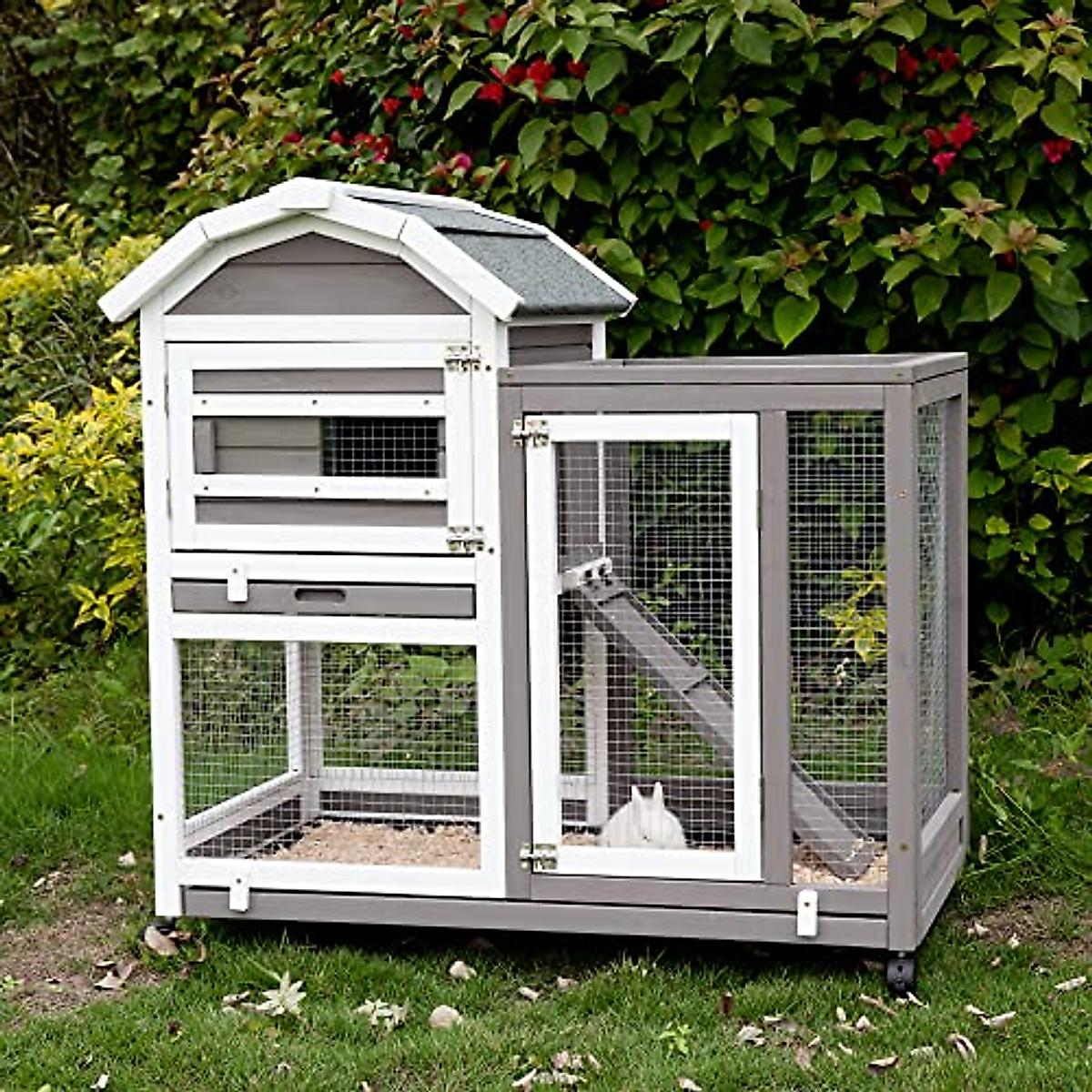 Gowoodhut Rabbit Hutch Two Story Outdoor Bunny Hutch Removable Rabbit Cage with Run Indoor Rabbit House with 2 Deeper No Leak Trays,Asphalt Roof