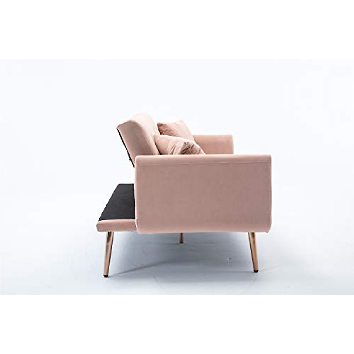 Voohek Velvet Futon Sofa, Tufted Loveseat Couch, Convertible Sleeper Bed, Accent Recliner with Golden Metal Legs & 2 Pillows for Home Living Room Bedroom, Pink