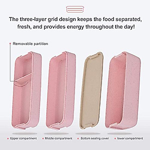 Bento Box Lunch Box for Adults Kids, AsFrost 3-In-1 Compartment Containers - Wheat Straw, Leakproof Eco-Friendly Bento Lunch Box Meal Prep Containers Microwave Safe (Pink)