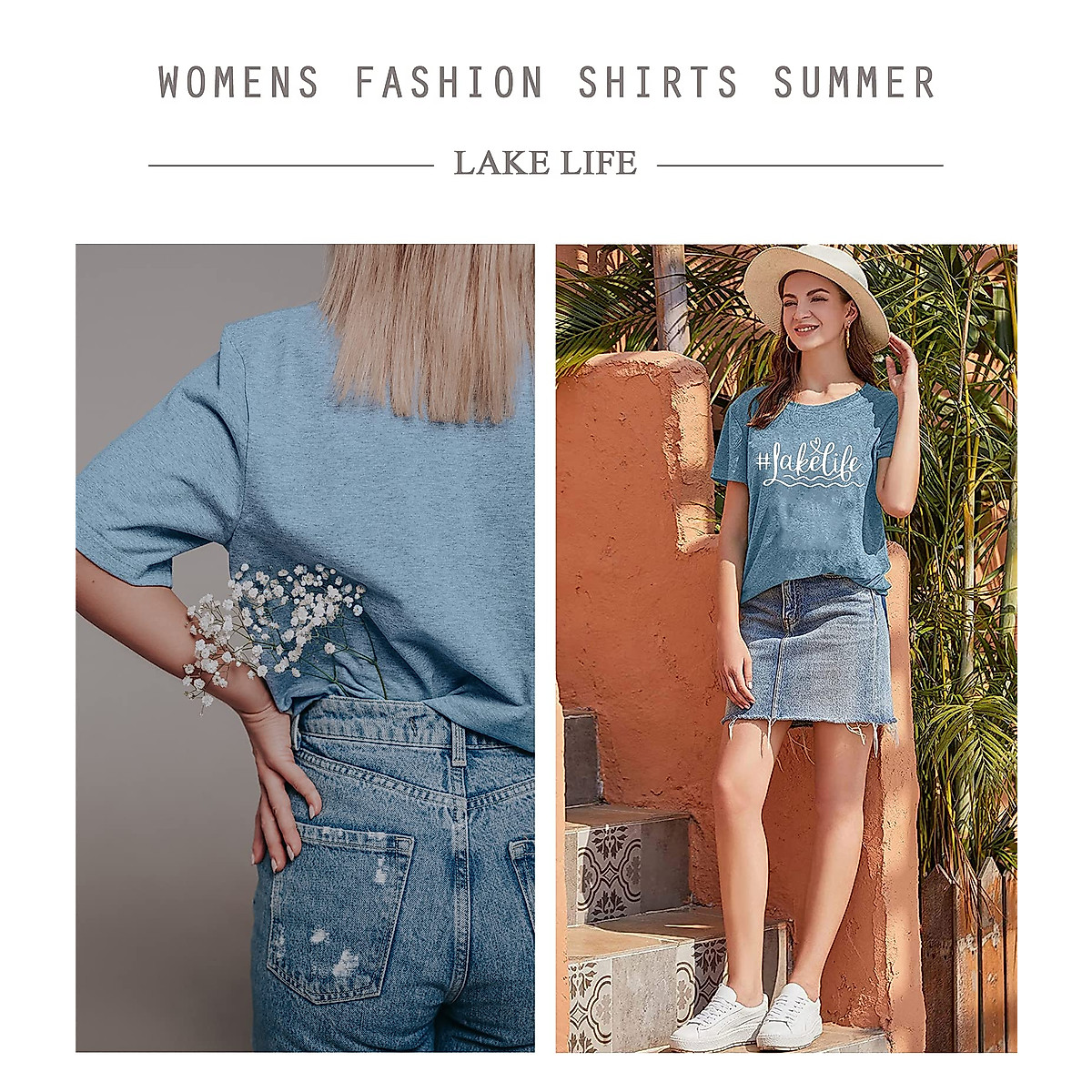 Dapiaoliang Lake Life Shirts for Women Funny Vacation Graphic Tee Casual Summer Short Sleeve Blouses Round Neck Loose Tunic Top Ink Blue, Small