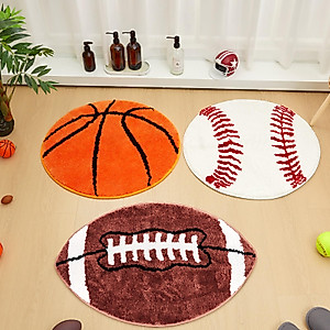 Tinideya 3 Pcs Football Sports Rug Round Basketball Bathroom Rug Non Slip Baseball Bathroom Mat Decorative Football Area Rug Indoor Carpet for Bedroom Living Room Floor Chair Rooms Decor