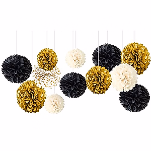 NICROLANDEE Black Gold Party Decorations - 12 PCS Black Gold White Tissue Paper Pom Poms for Wedding, Birthday, Bachelorette, Bridal Shower, Prom, Gruaduation, Festival Decorations